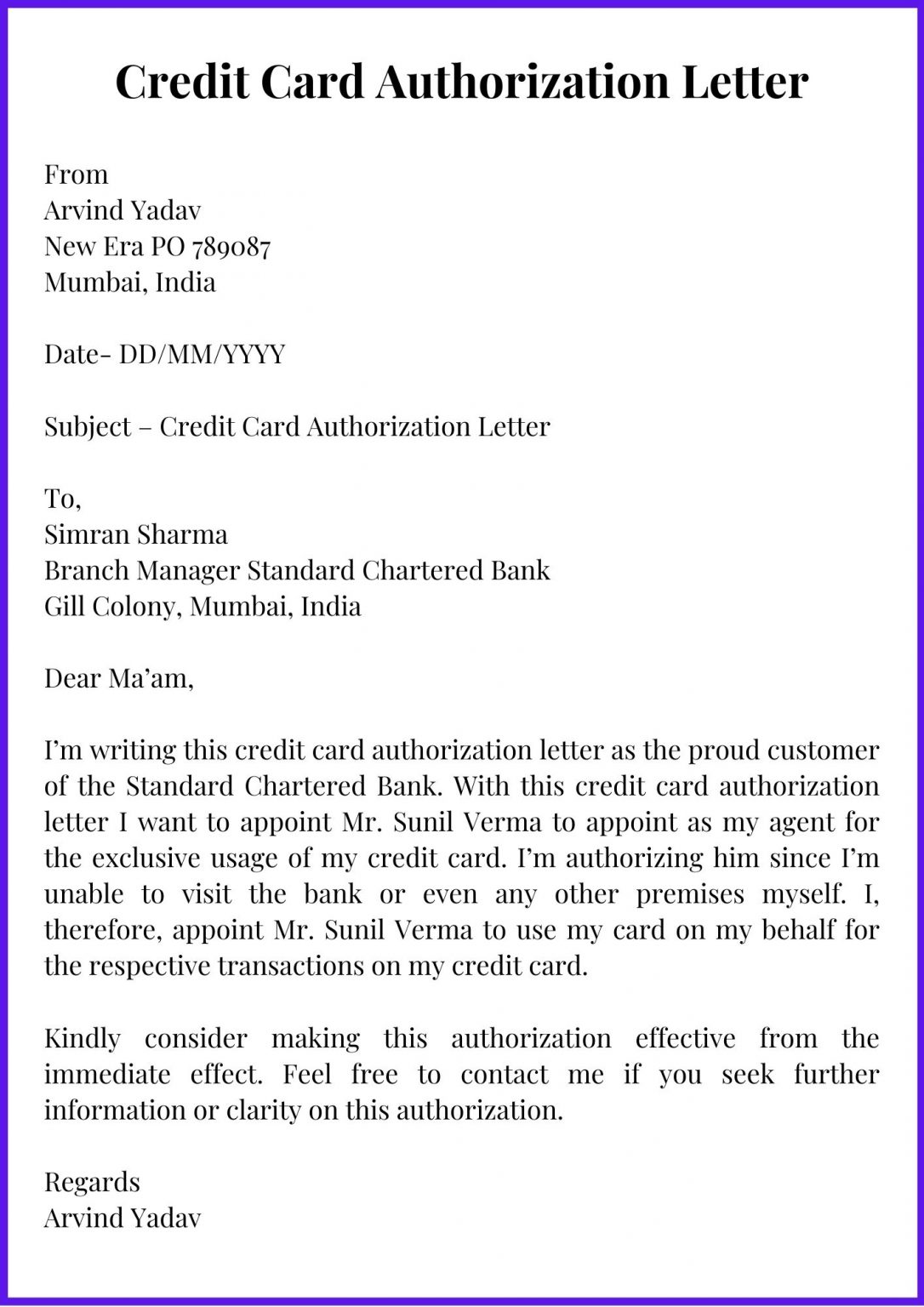 Sample Credit Card Authorization Letter Template Example