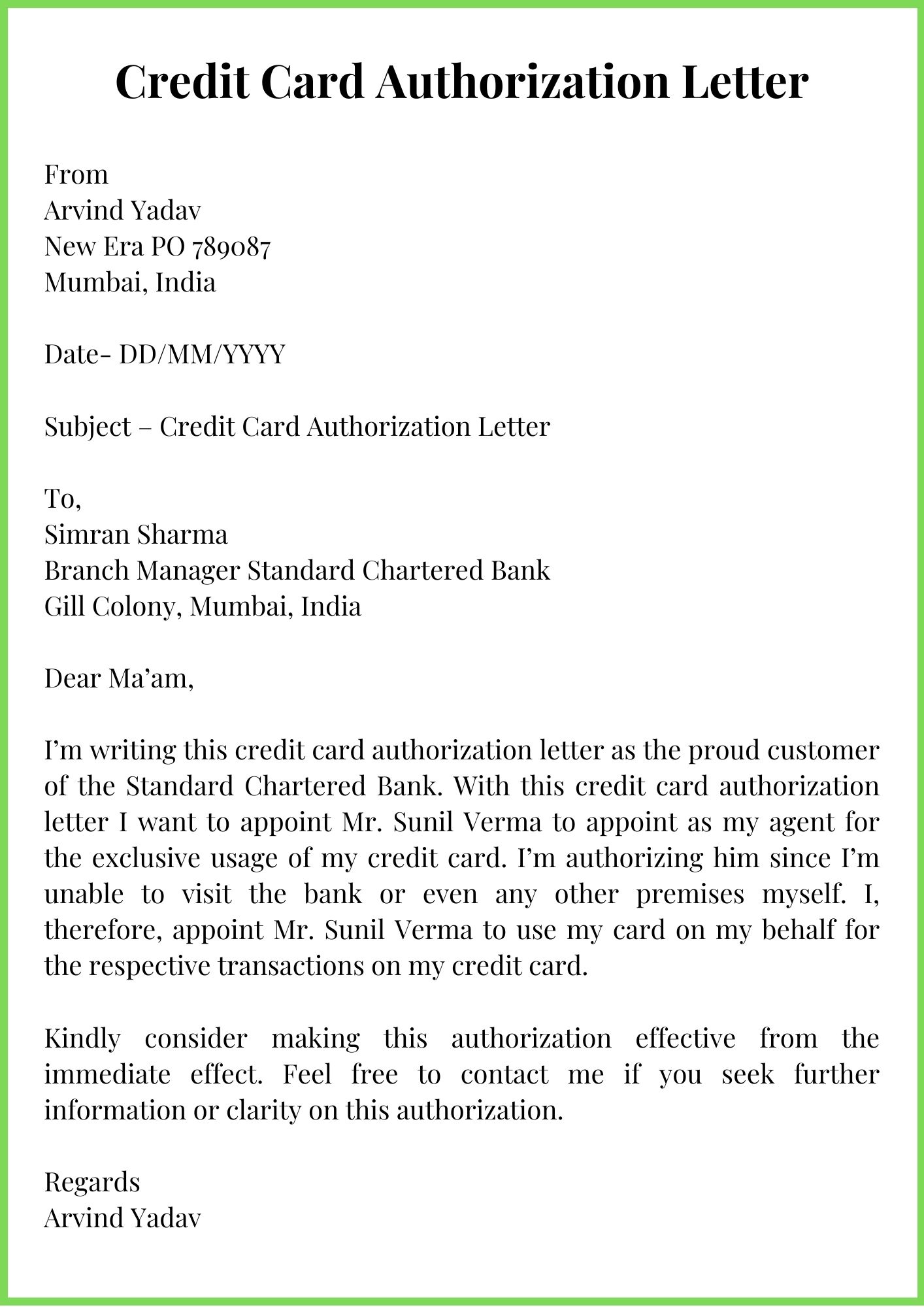 Sample Credit Card Authorization Letter Template Example 