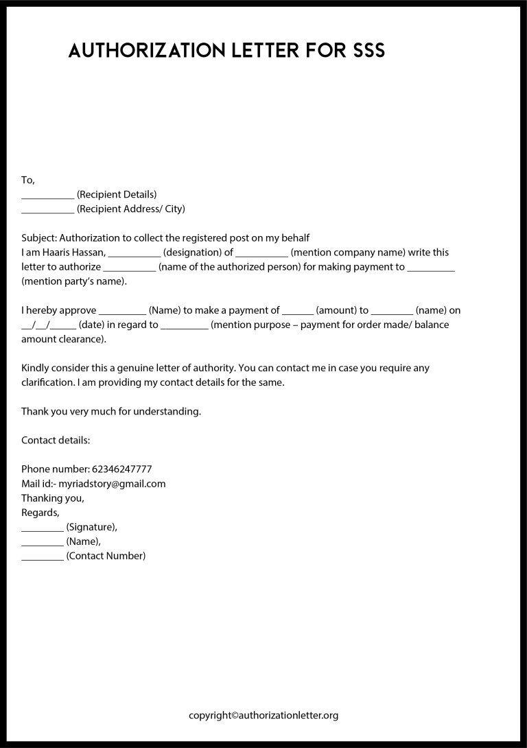 Free Sample Authorization Letter For SSS Template