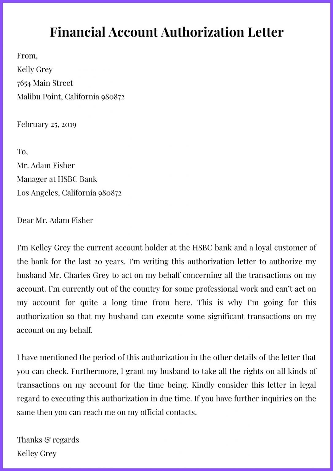 Financial Account Authorization Letter Sample Template