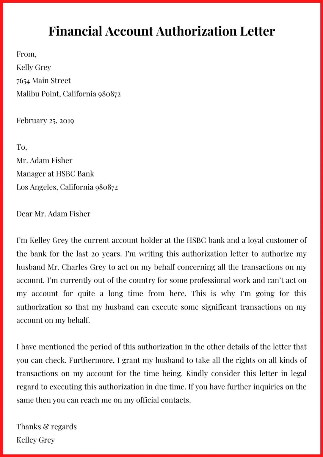 Financial Account Authorization Letter Sample Template