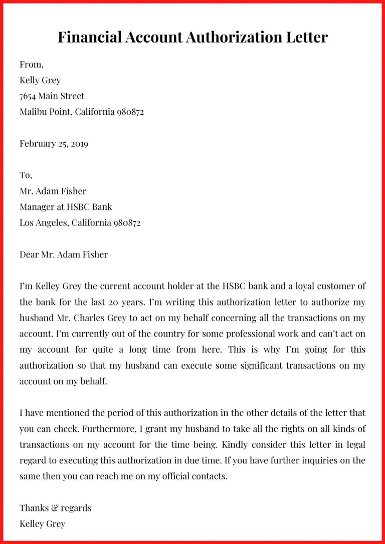 Financial Account Authorization Letter Sample Template