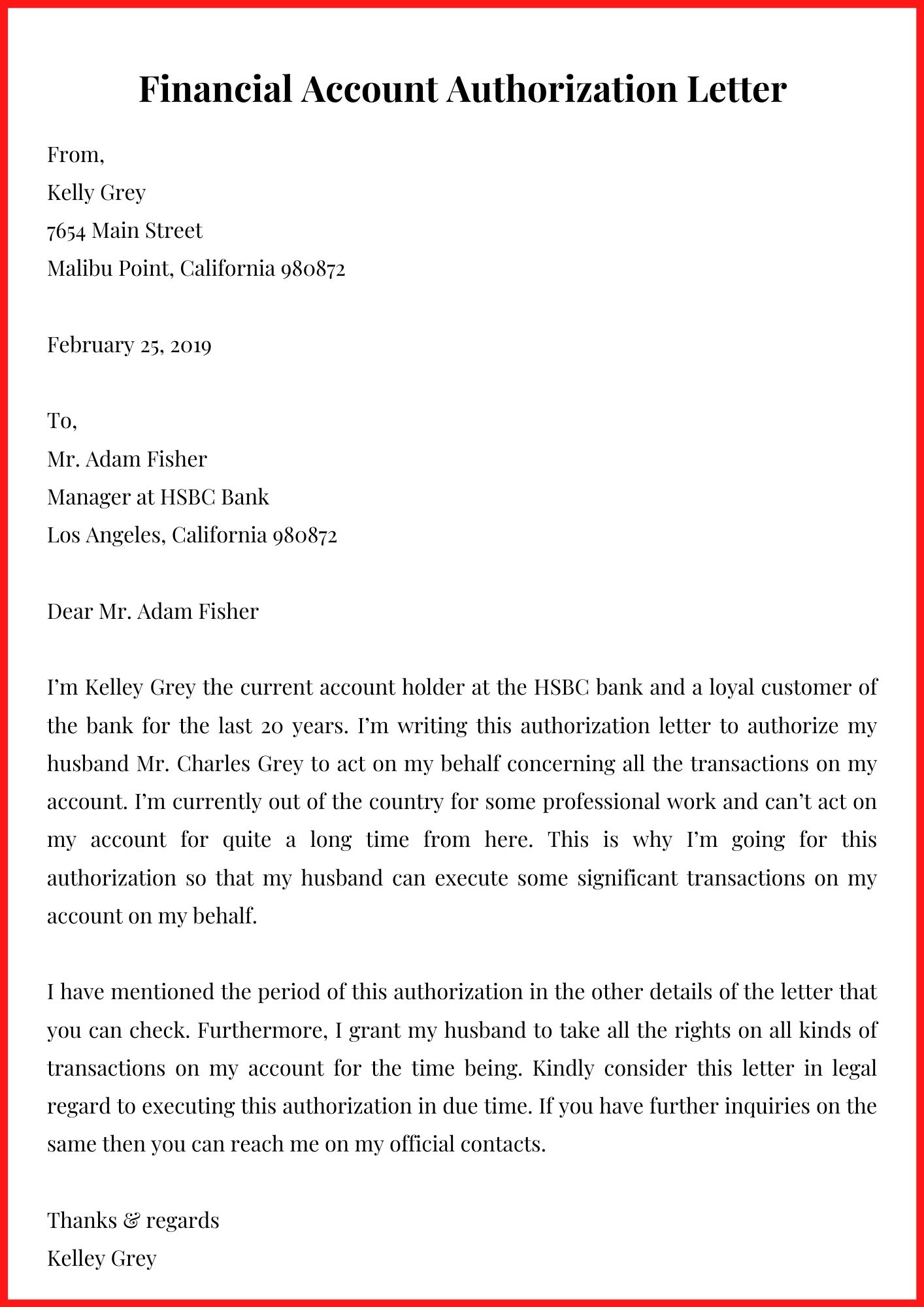 Financial Account Authorization Letter Sample Template