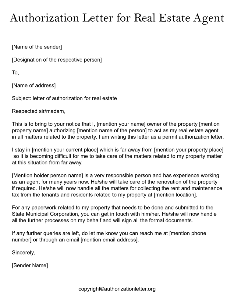Authorization Letter for Real Estate Agent Template in PDF