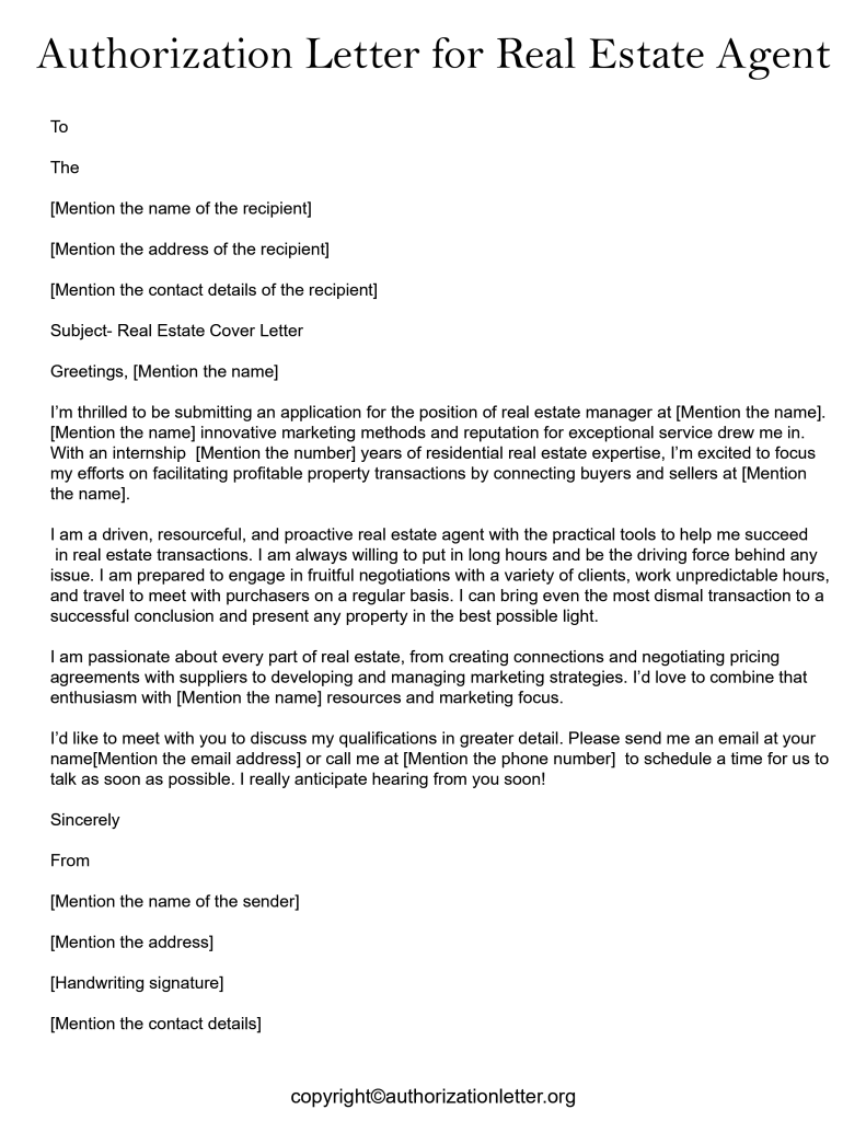 Authorization Letter for Real Estate Agent Template in PDF