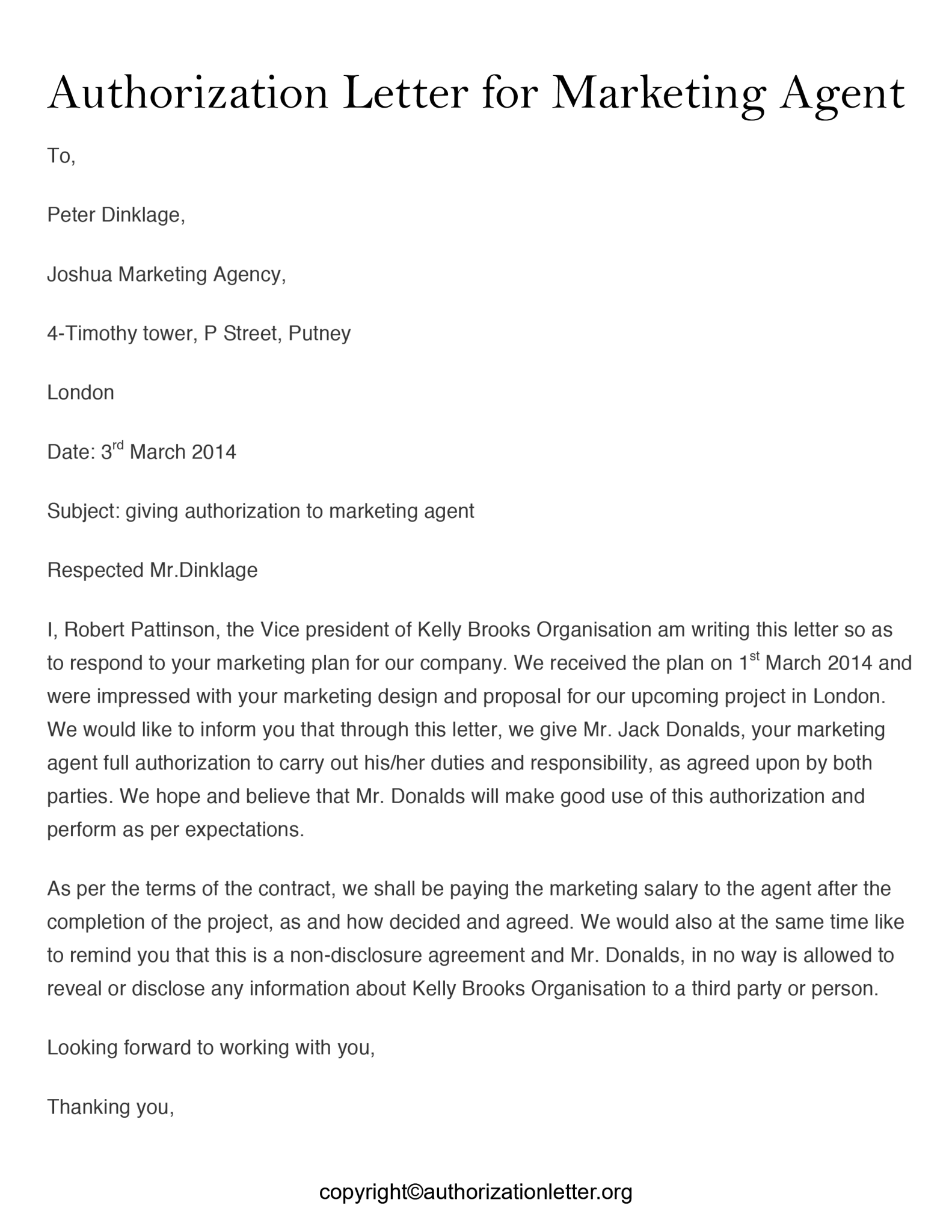 Authorization Letter for Marketing Agent Template in PDF