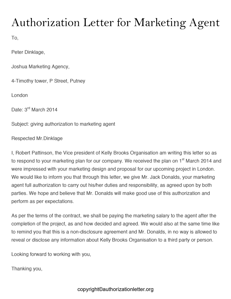 Authorization Letter for Marketing Agent Template in PDF
