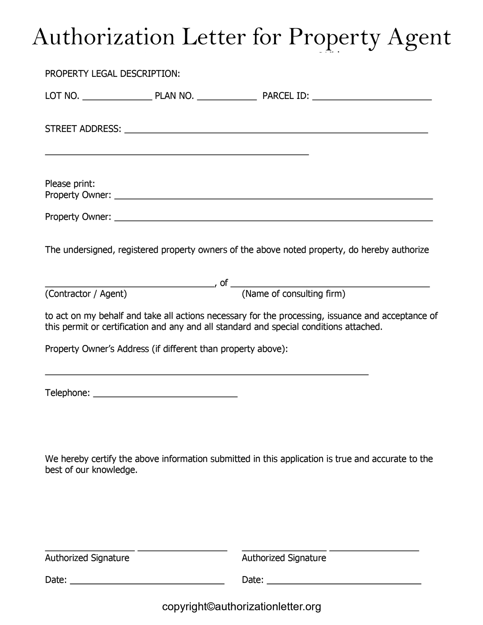 Authorization Letter for Property Agent Template in PDF