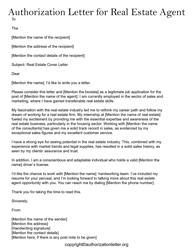 Authorization Letter for Real Estate Agent Template in PDF