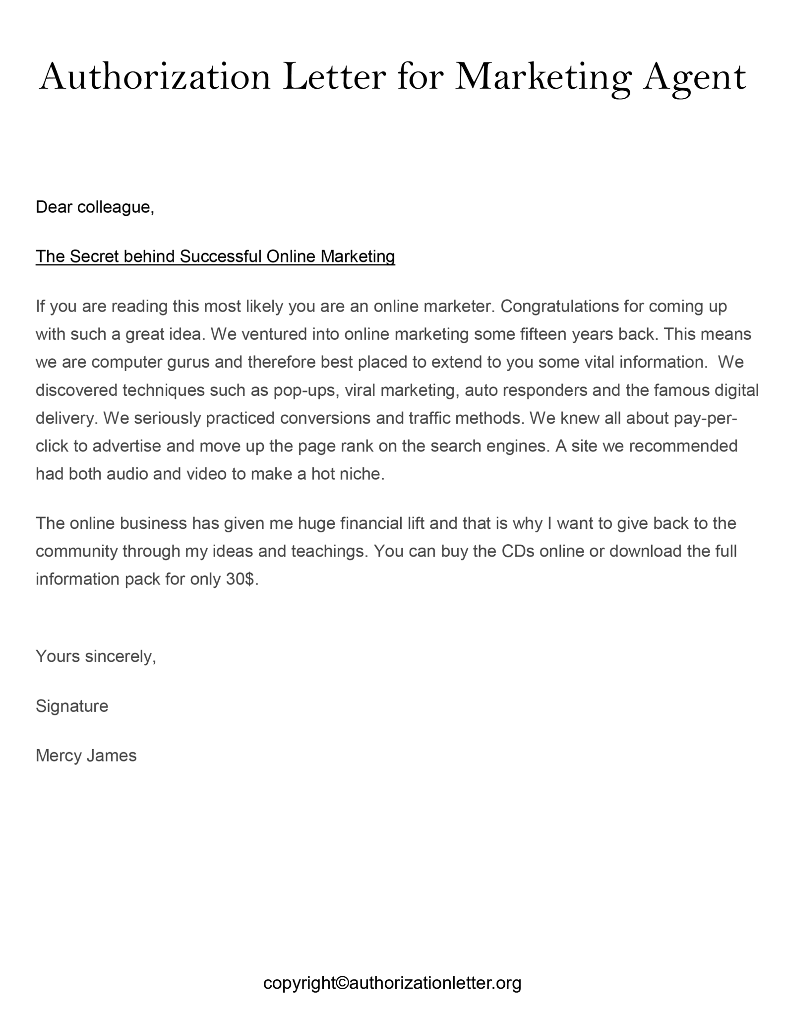 Authorization Letter for Marketing Agent Template in PDF