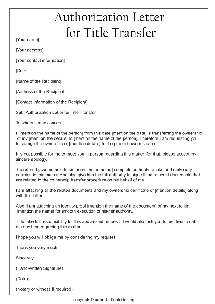 Authorization Letter for Title Transfer Template in PDF