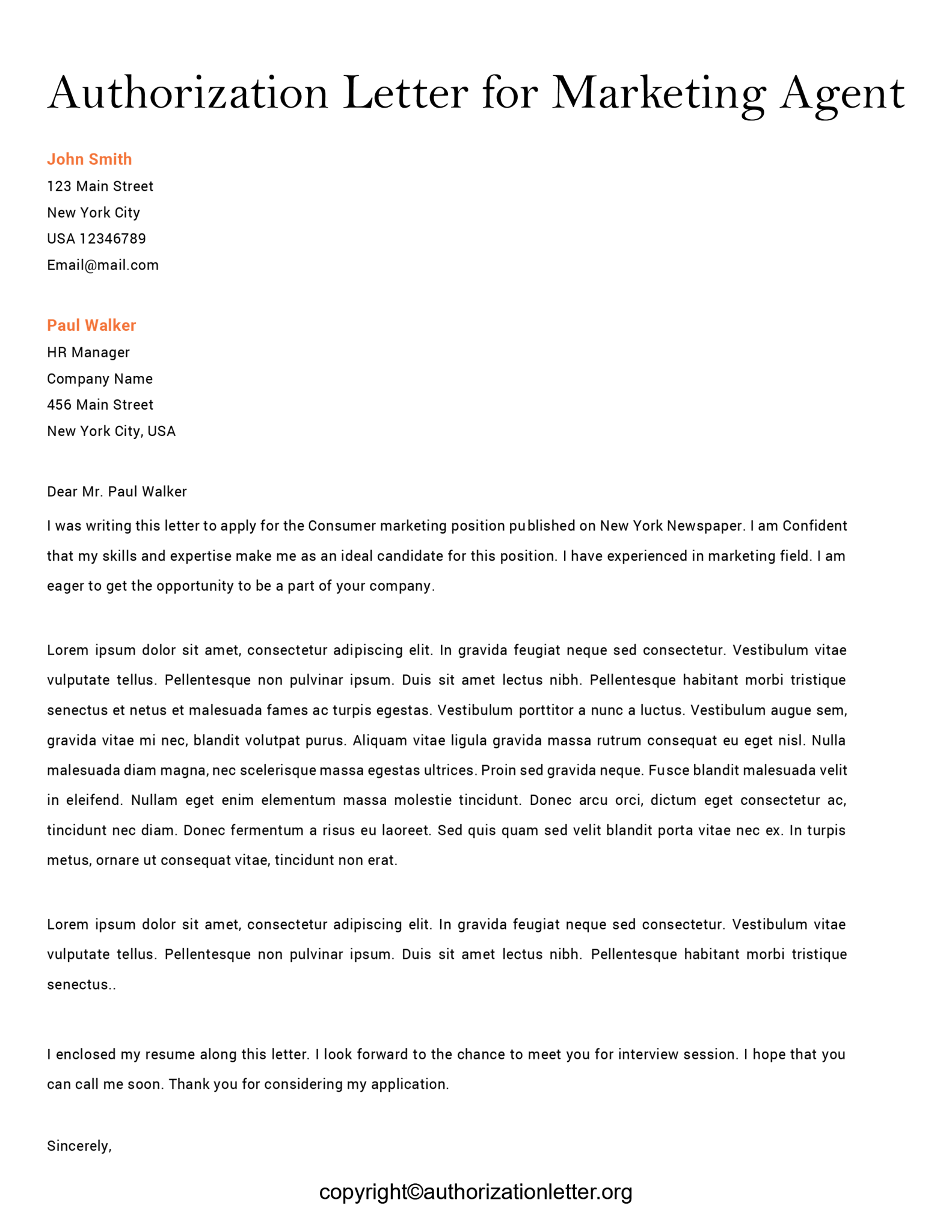 Authorization Letter for Marketing Agent Template in PDF