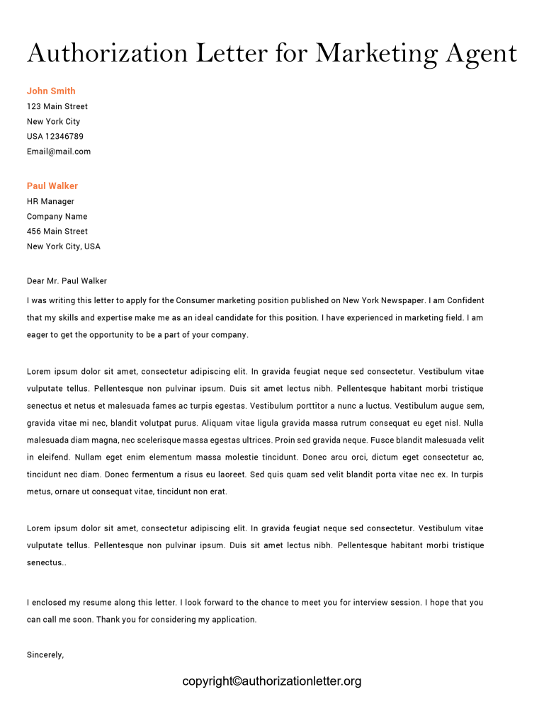 Authorization Letter for Marketing Agent Template in PDF