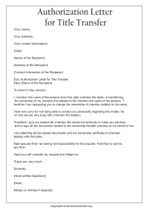 Authorization Letter for Title Transfer Template in PDF