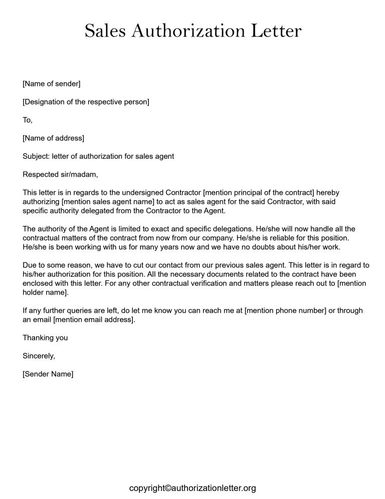Sales Authorization Letter Template Printable in PDF Format